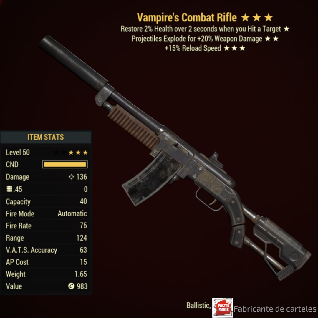 Buy VE15 COMBAT RIFLE / VAMPIRE'S in FALLOUT 76 Items - Offer #2531199277