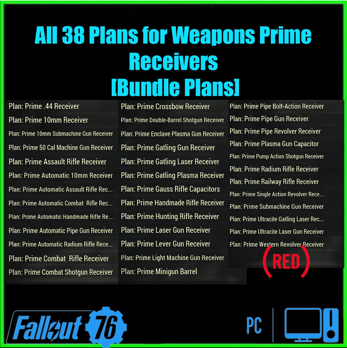 Buy All 38 Plans for Weapons Prime in FALLOUT 76 Items - Offer #2411480028