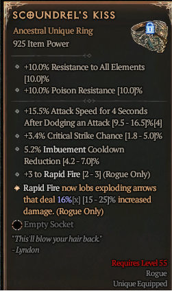 Buy +3 RAPID FIRE SCOUNDREL'S KISS in DIABLO 4 Items - Offer #2415091165