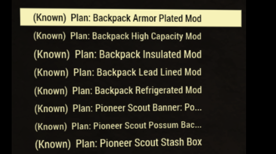 Buy Backpack Mods Bundle(8 Plans F in FALLOUT 76 Items - Offer #2322934729