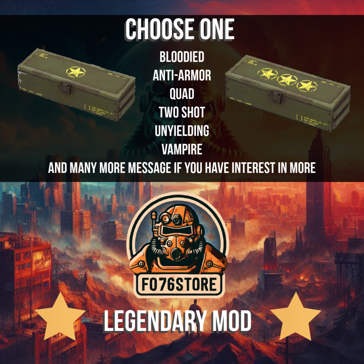 Buy Legendary Mods 1,2,3 star any in FALLOUT 76 Items - Offer #255547896