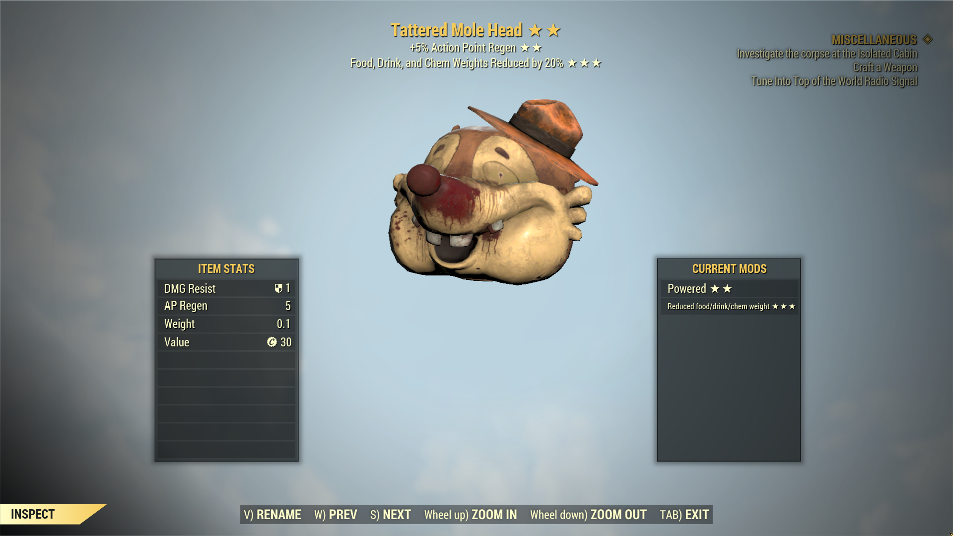 Buy Tattered Mole Head (+5% Action in FALLOUT 76 Items - Offer #253843791