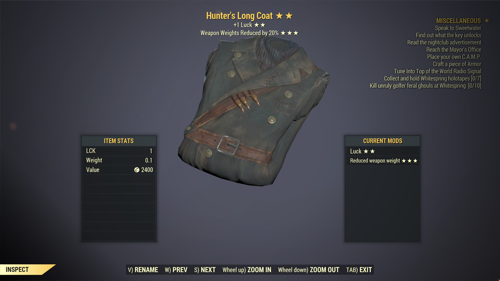Buy Hunter's Long Coat (+1 Luck, W in FALLOUT 76 Items - Offer #2434894818