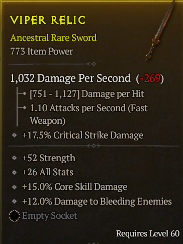 ANCESTRAL BARB SWORD 773 ITEM POWER LEVEL 60 ALL STAT CORE SKILL DAMAGE ...