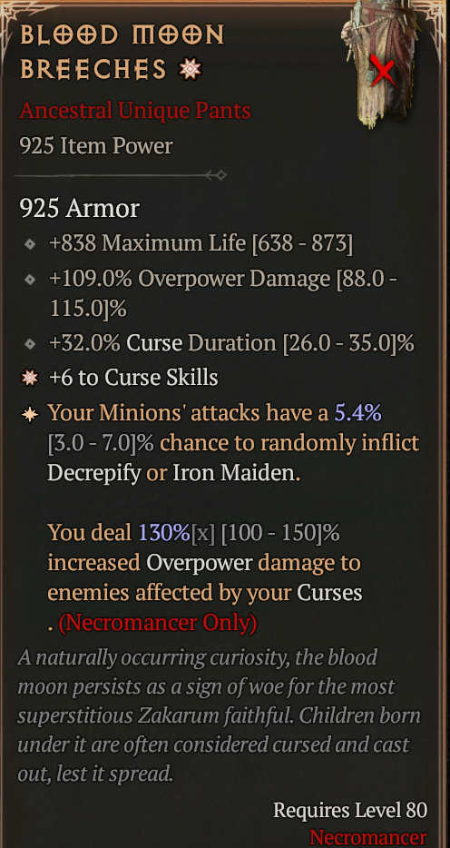 Buy GA +6 CURSE BLOOD MOON BREECHE in DIABLO 4 Items - Offer #2424092432