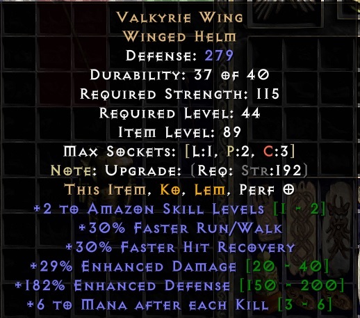 Buy VALKYRIE WING +2 SKILL 29% ED in PROJECT DIABLO 2 Items - Offer ...