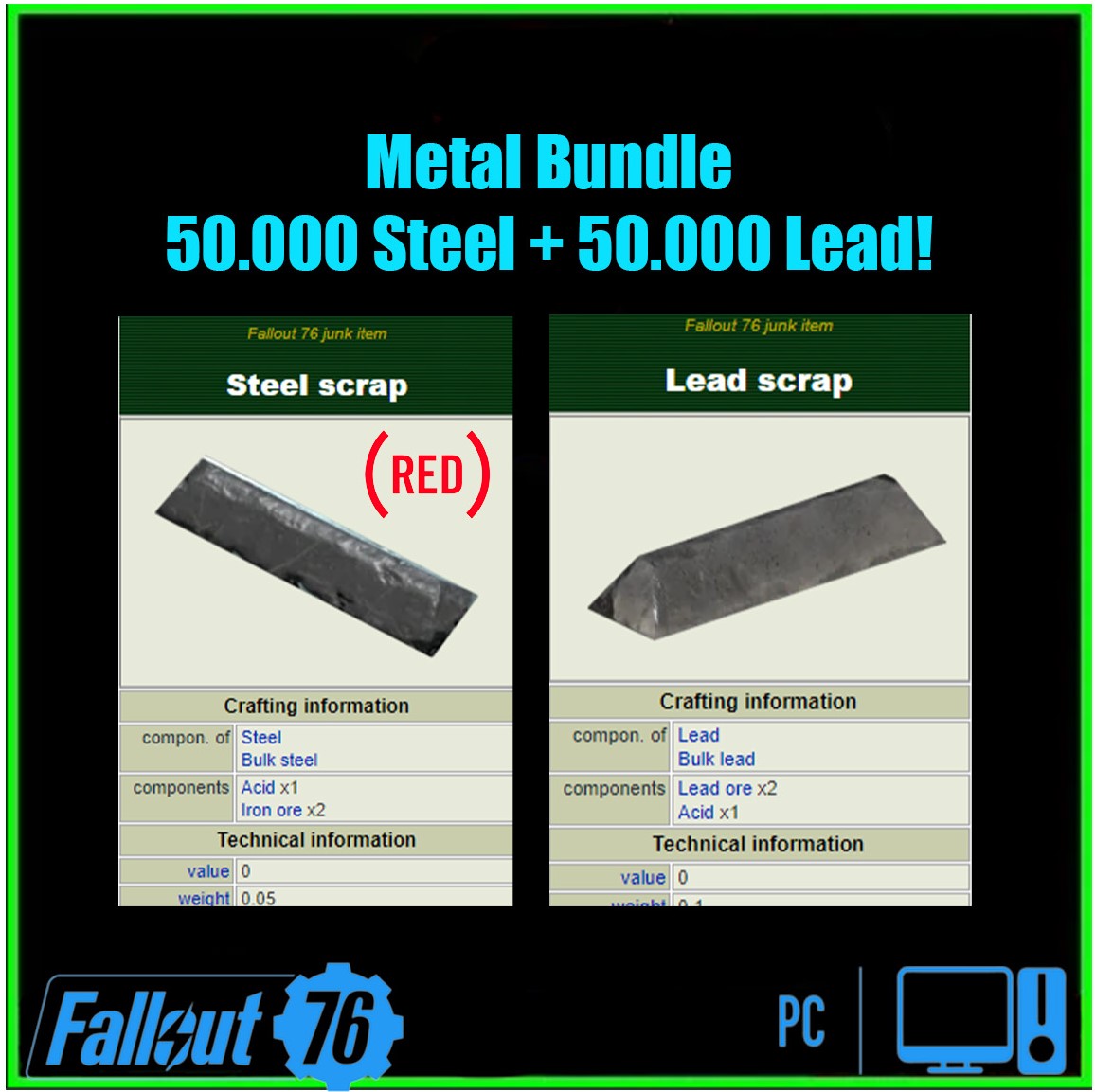Buy Metal Bundle Steel 50.000 + Le in FALLOUT 76 Items - Offer #254666225