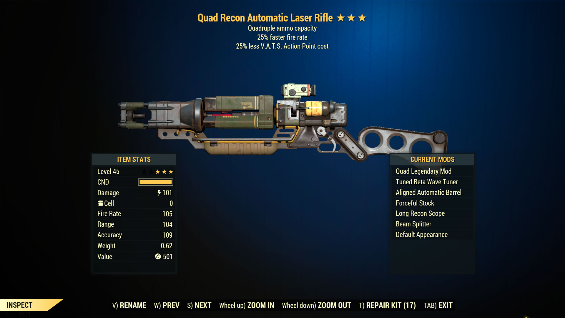 Buy Quad Laser Rifle (25% faster f in FALLOUT 76 Items - Offer #2436489455