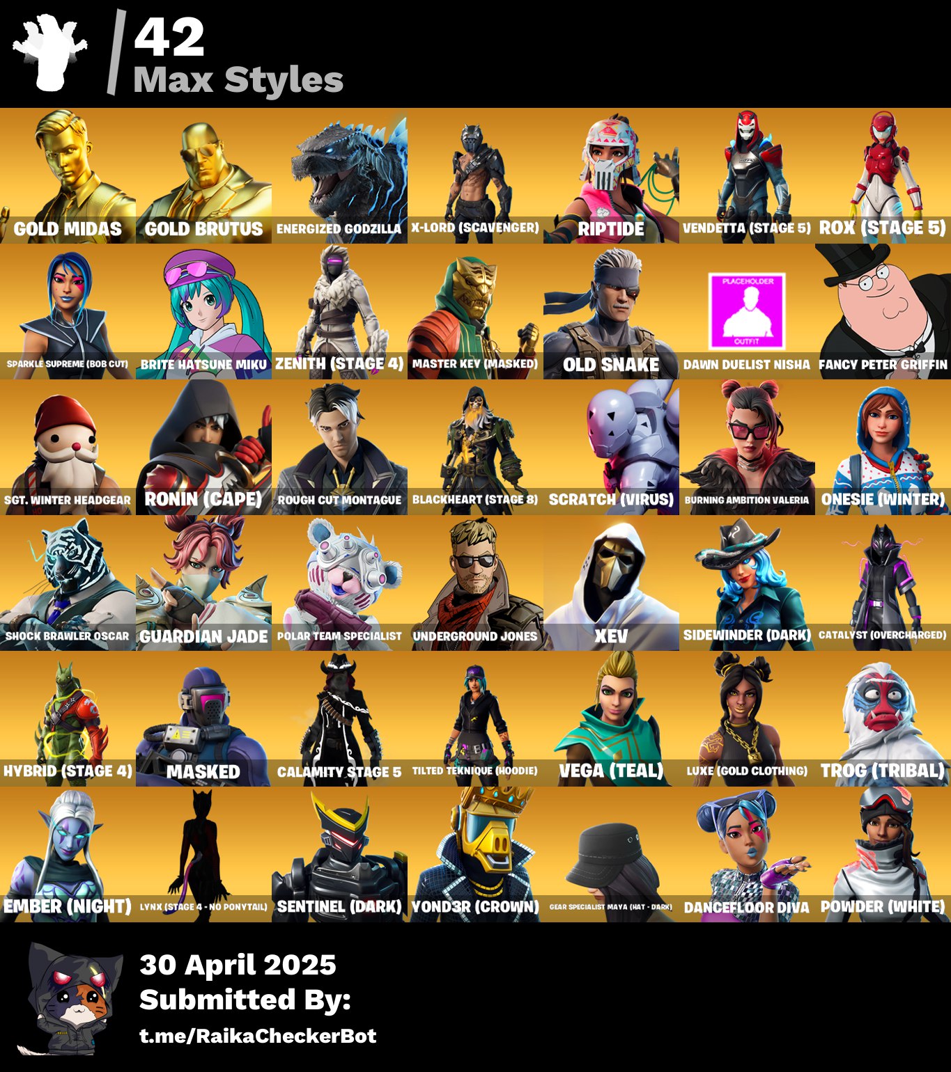 Buy 58 skins | Gold Brutus | Gold in FORTNITE Skins - Offer #2513147210