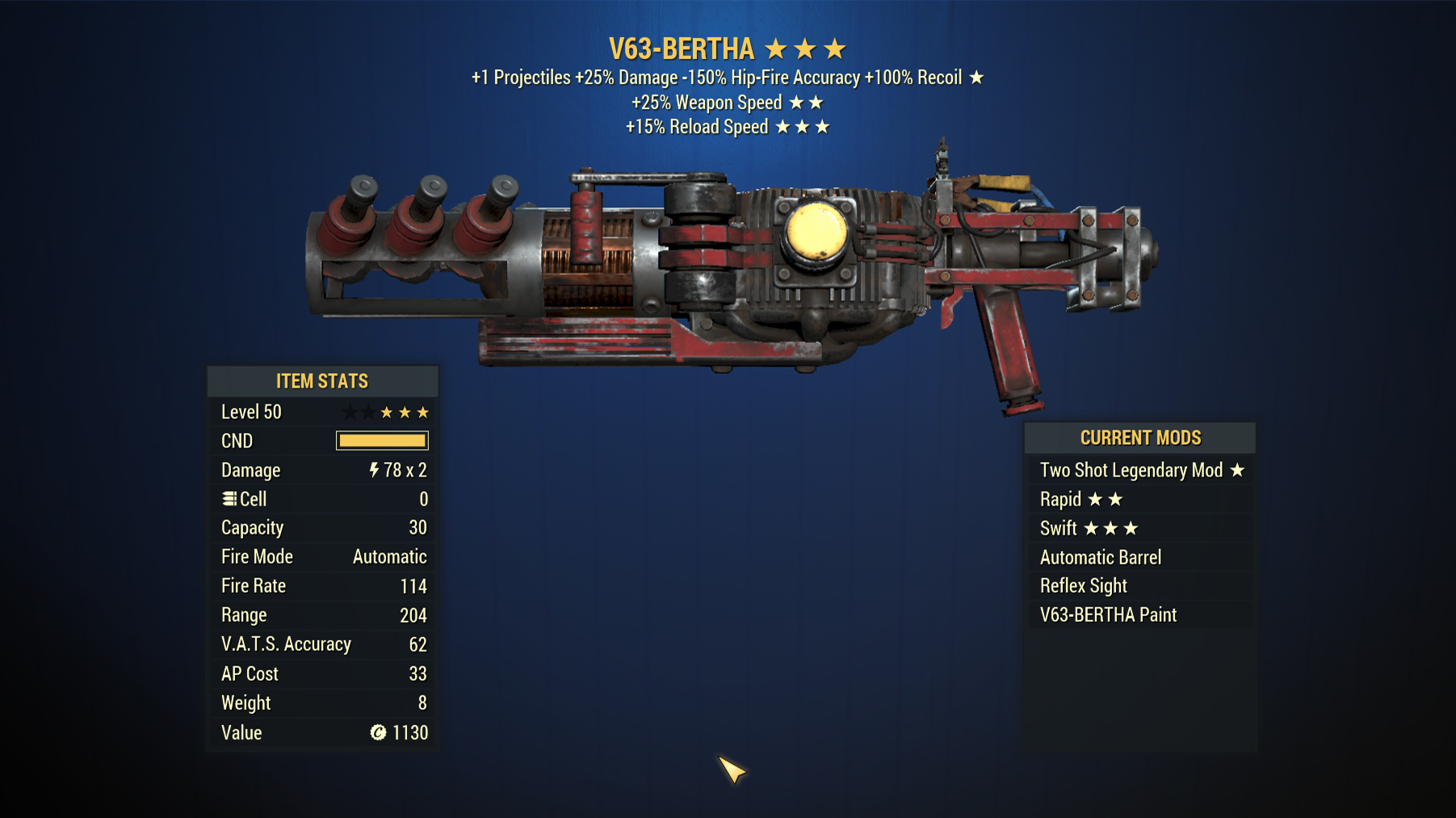 Buy [PS] V63-BERTHA Two Shot Tesla in FALLOUT 76 Items - Offer #251286116