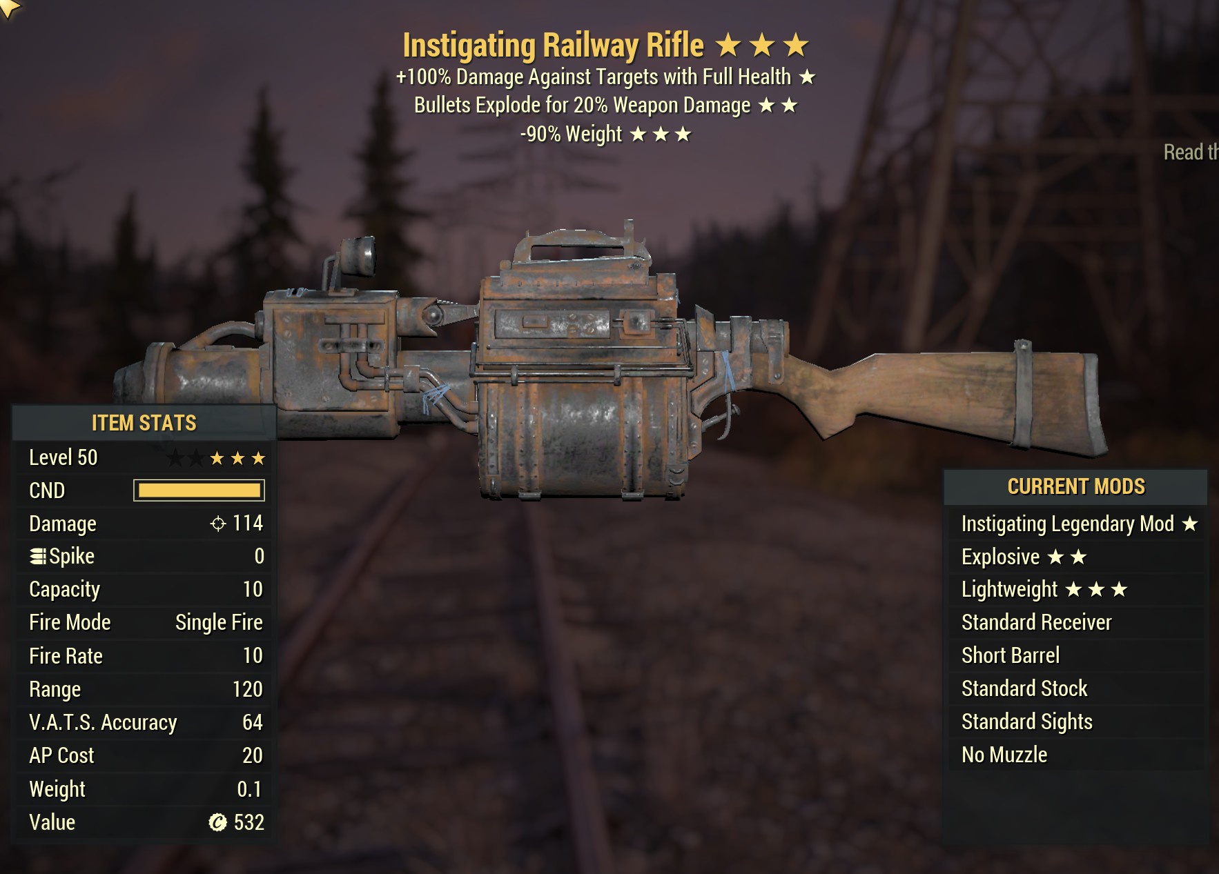 Buy Railway Rifle Instigating/E/90 in FALLOUT 76 Items - Offer #2414354515