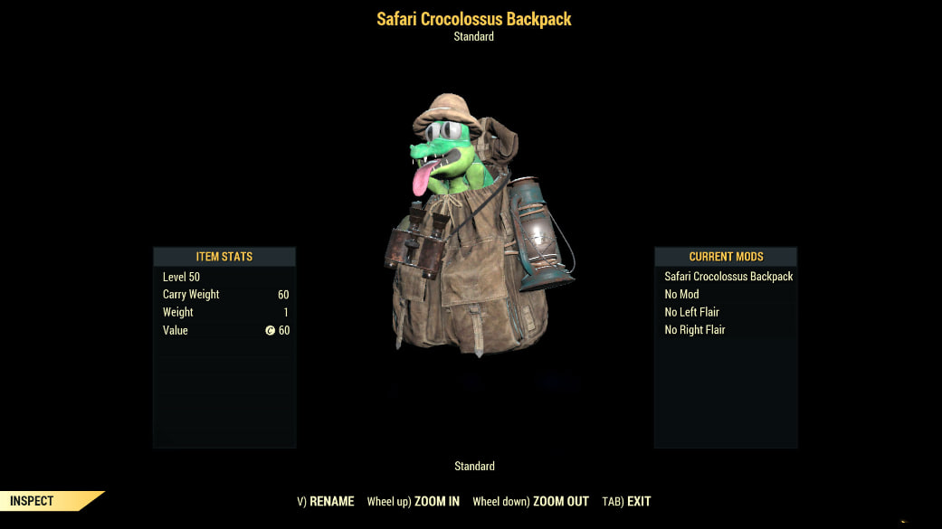 Buy Safari Crocolossus Backpack Pl in FALLOUT 76 Items - Offer #2519468241