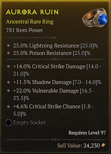 Buy Ancestral ring AURORA RUIN 781 in DIABLO 4 Items - Offer #2317714492