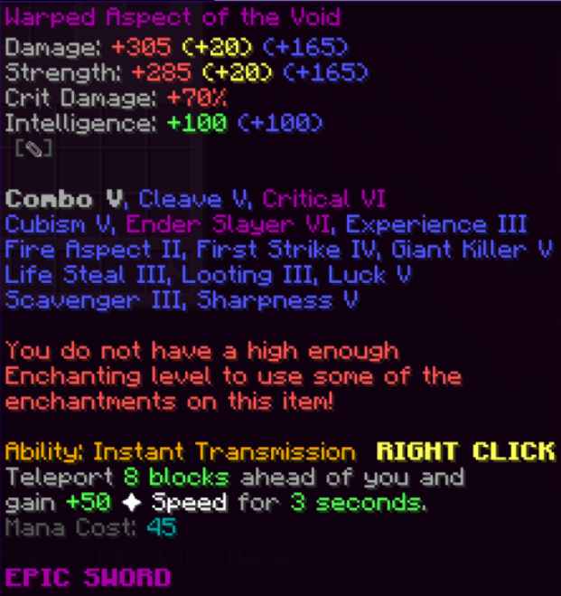 Buy Warped aspect of the void (Bes in MINECRAFT: HYPIXEL Items - Offer #258540114