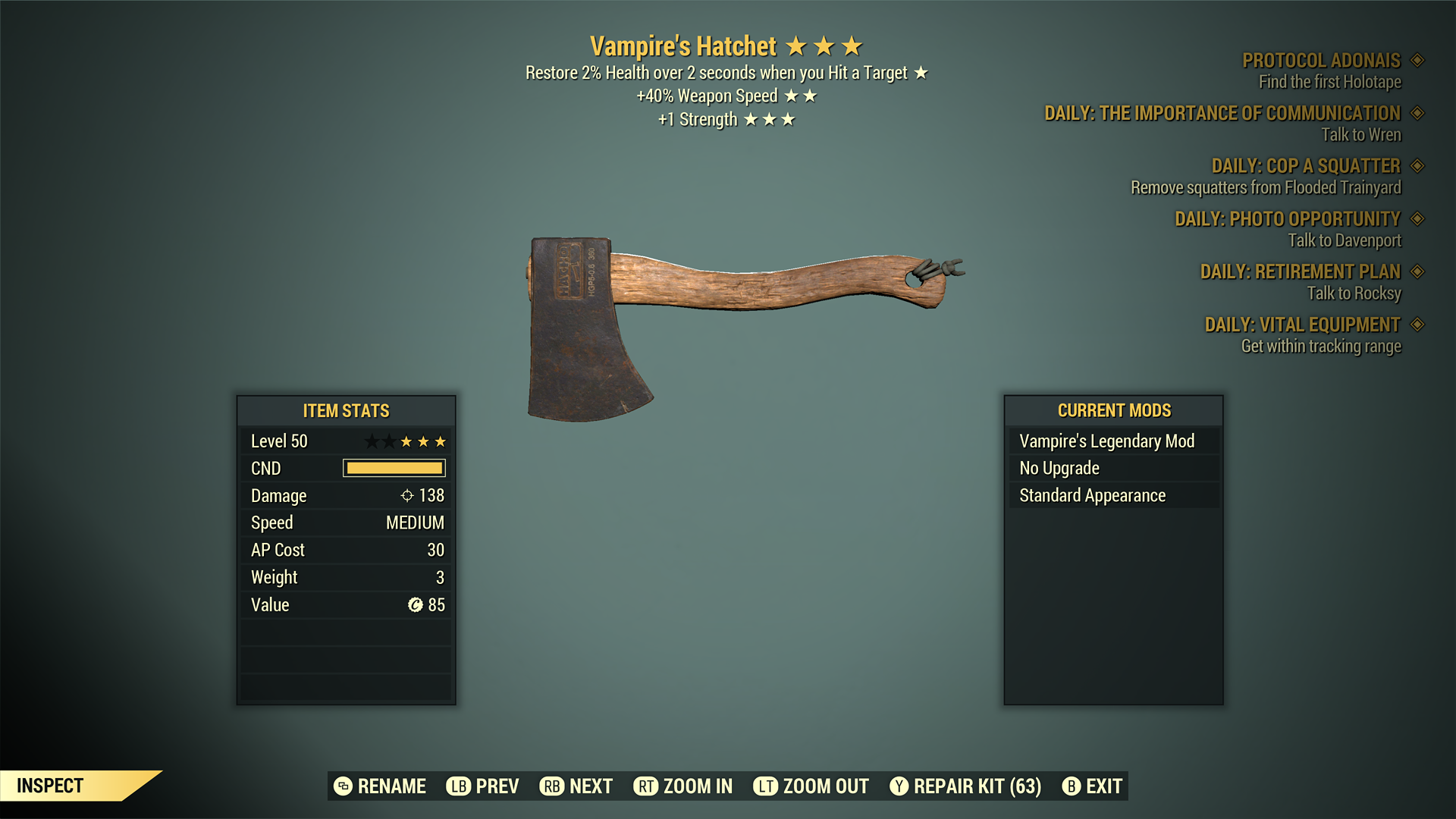 Buy [XBOX] Vampire's Hatchet (+40% in FALLOUT 76 Items - Offer #254877784