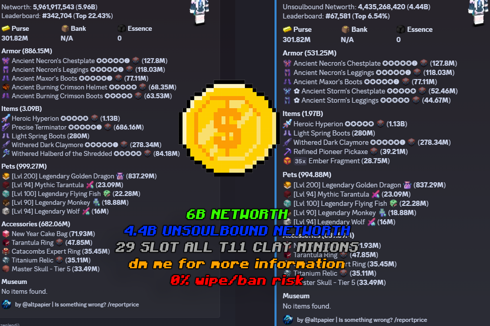 Buy 6B Networth | 4.4B Unsoulbound in MINECRAFT: HYPIXEL Profiles ...