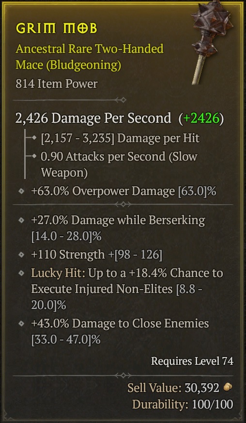 Buy ⭐[814 IP] 2H MACE 2426 DPS - in DIABLO 4 Items - Offer #2316642115