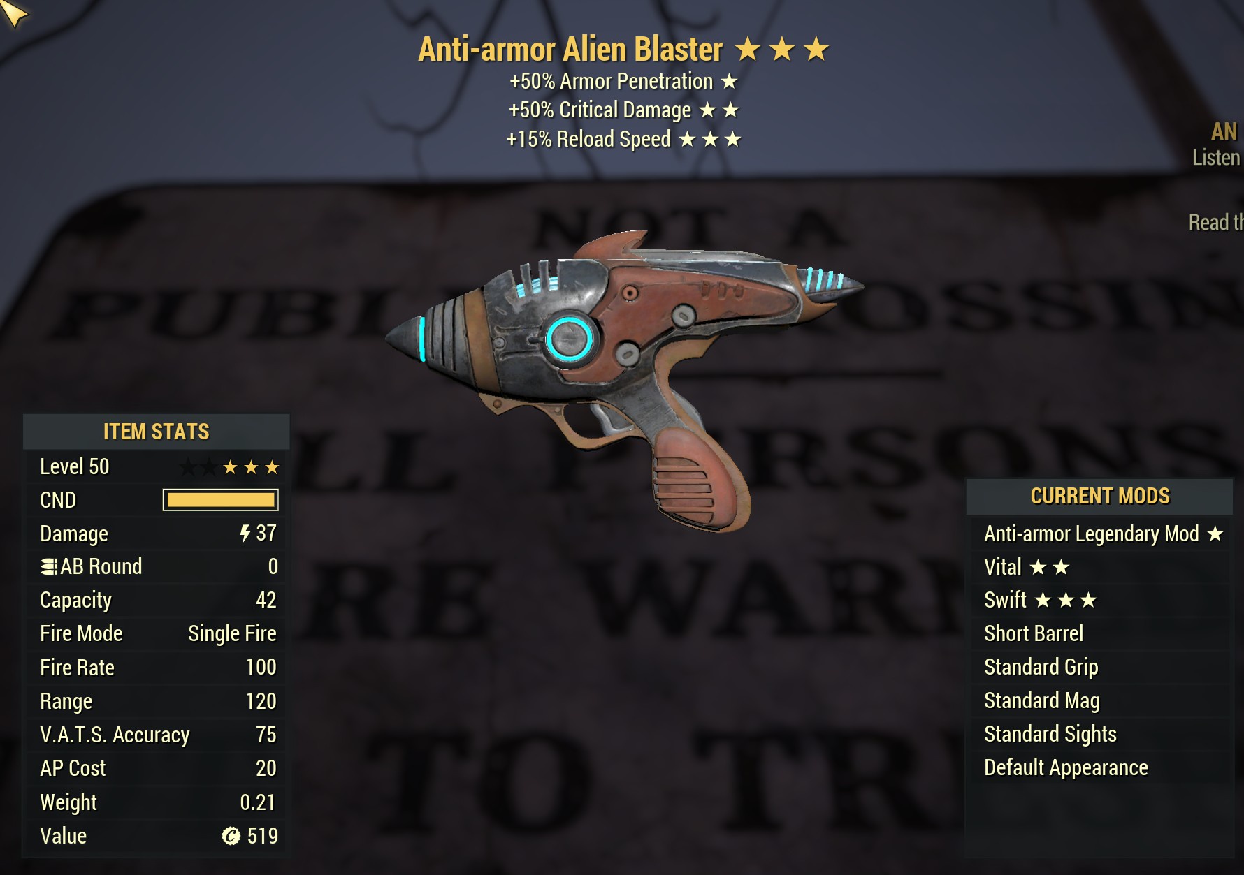 Buy Alien Blaster AA/50C/15R in FALLOUT 76 Items - Offer #2418383386