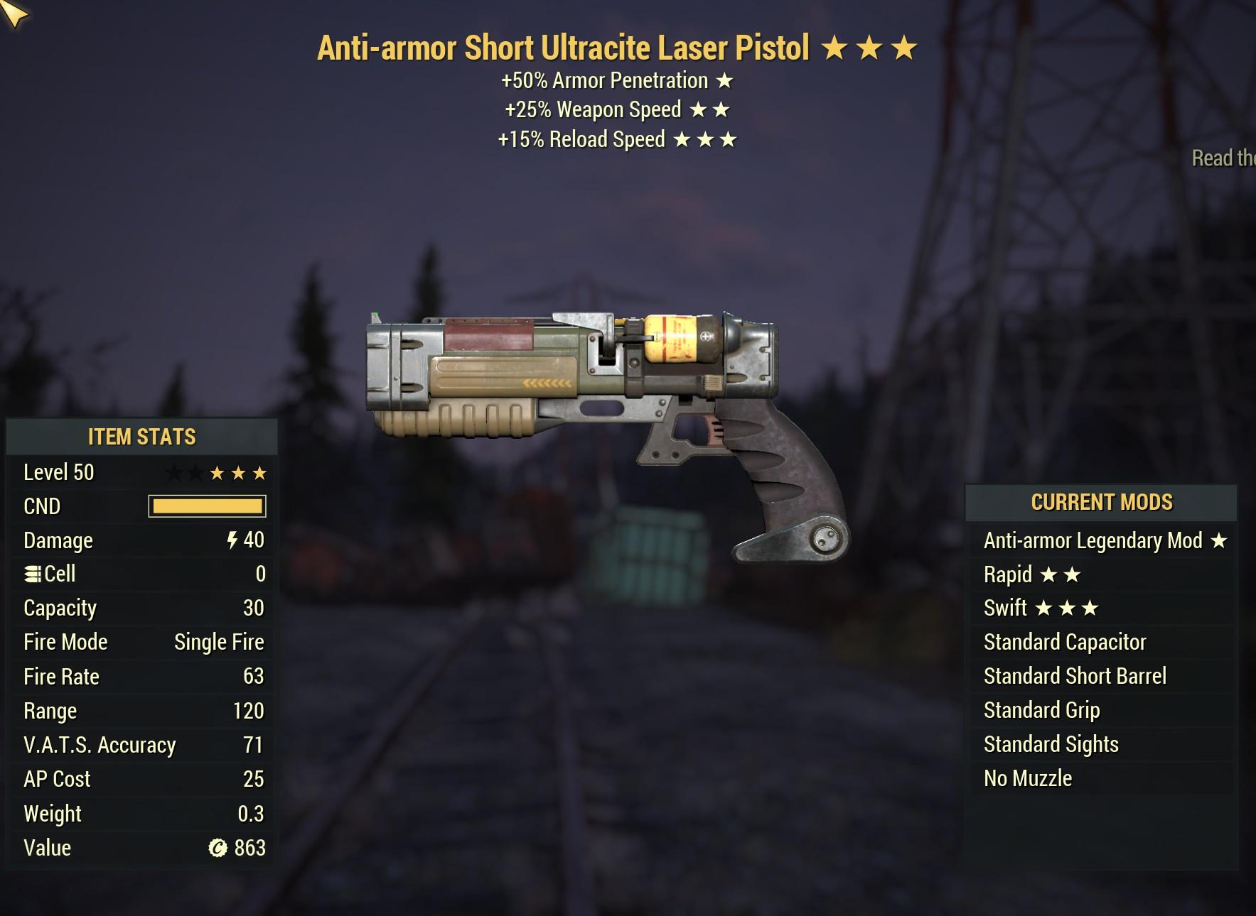 Buy Ultracite Laser Pistol AA/25/1 in FALLOUT 76 Items - Offer #249692253