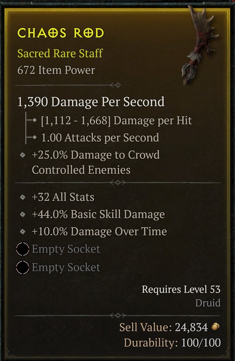Buy Sacred Staff Chaos Rod (672) l in DIABLO 4 Items - Offer #2318255828